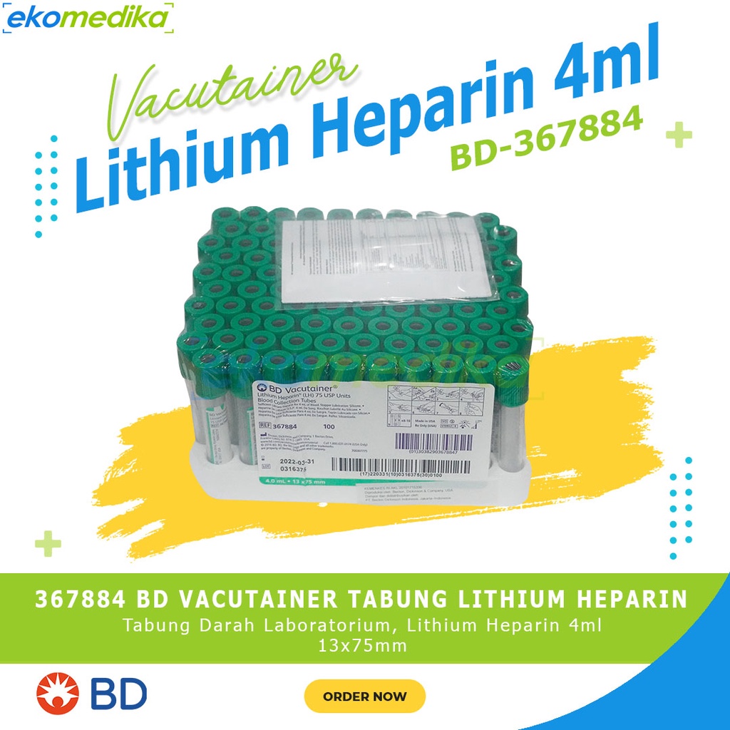 Jual 367884 BD Vacutainer Tabung Heparin 4ml (Hijau) isi 100 13x75mm ED ...
