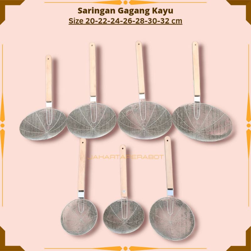 Jual Serok Saringan Tirisan Mie Gorengan Stainless Gagang Kayu Ukuran 20 22 24 26 28 30 32 cm ...
