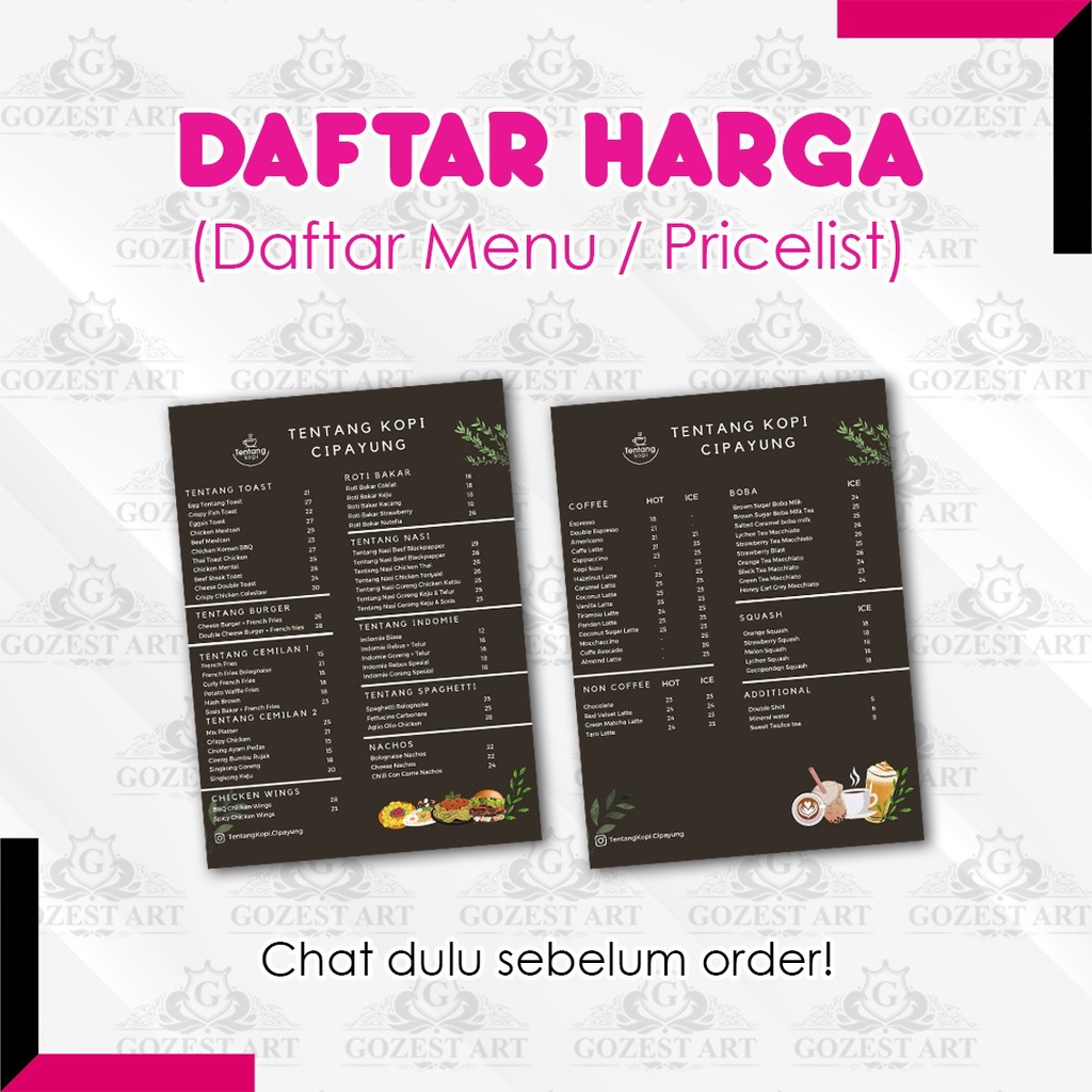 Jual Cetak Daftar Menu Daftar Harga Price List Cafe Warung Barbershop ...