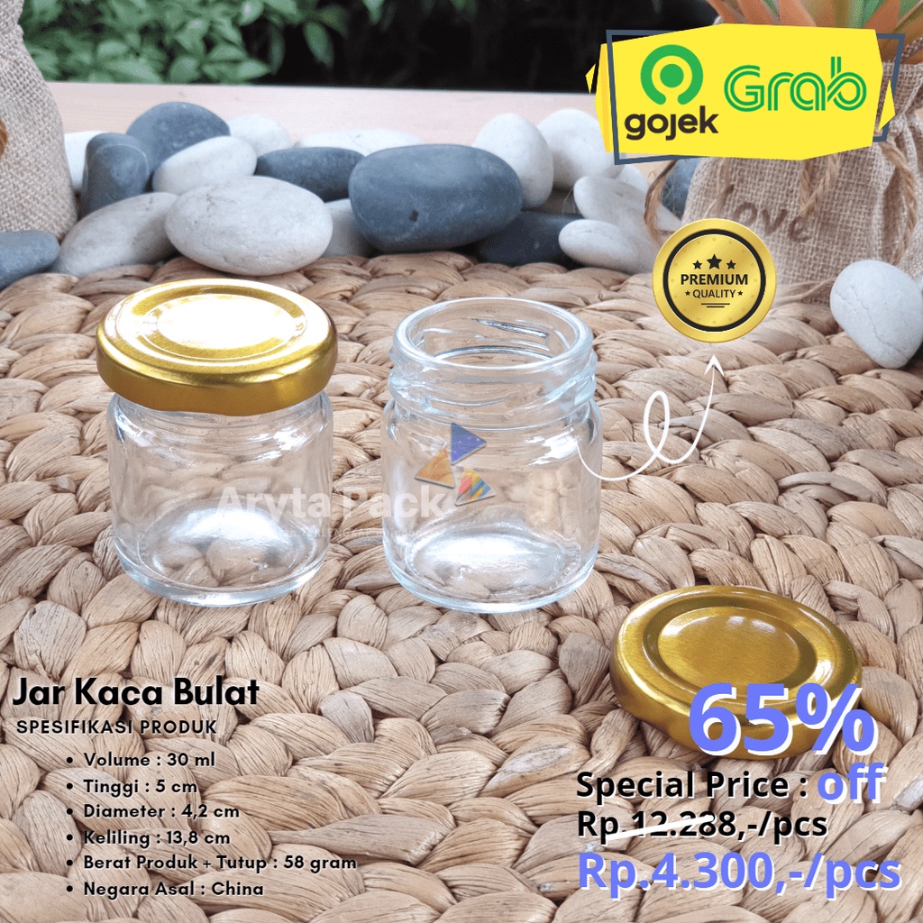 Jual Jar kaca 30ml round bulat glass jar toples tutup kaleng emas - new ...