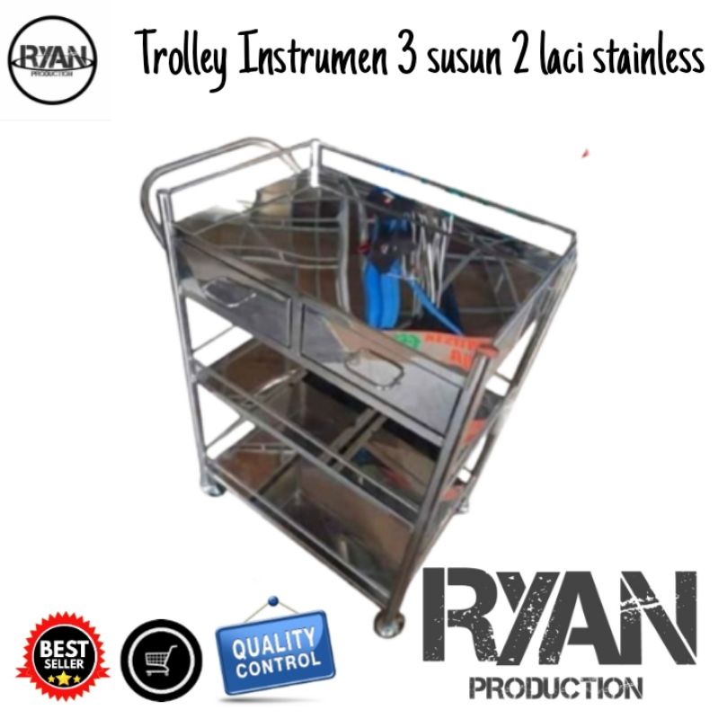 Jual Trolley Instrumen 3 Susun 2 Laci Stainless / Troli Instrumen 3 Rak ...