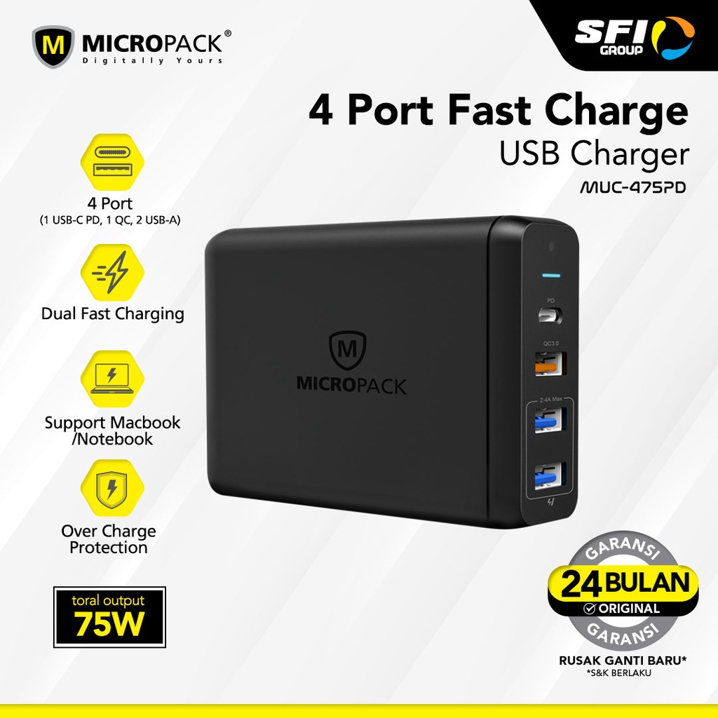 Jual Micropack Multi USB Charger 4 USB Max Output 75 Watt - MUC-475PD ...