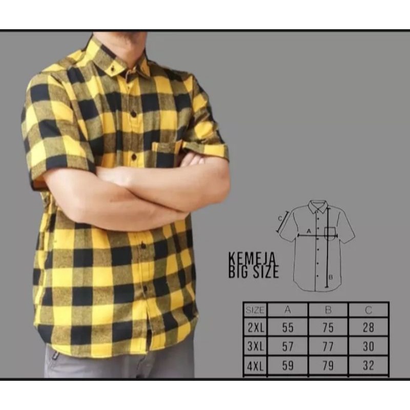 Jual kemeja flannel pria dewasa lengan pendek mptif kotak catur kuning casual size jumbo ...