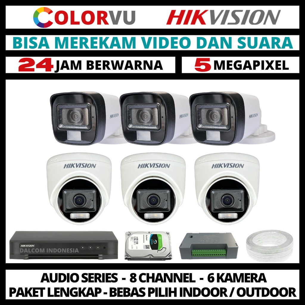 Jual PAKET CCTV HIKVISION COLORVU 5MP 8 CHANNEL 6 KAMERA COLORFUL ...