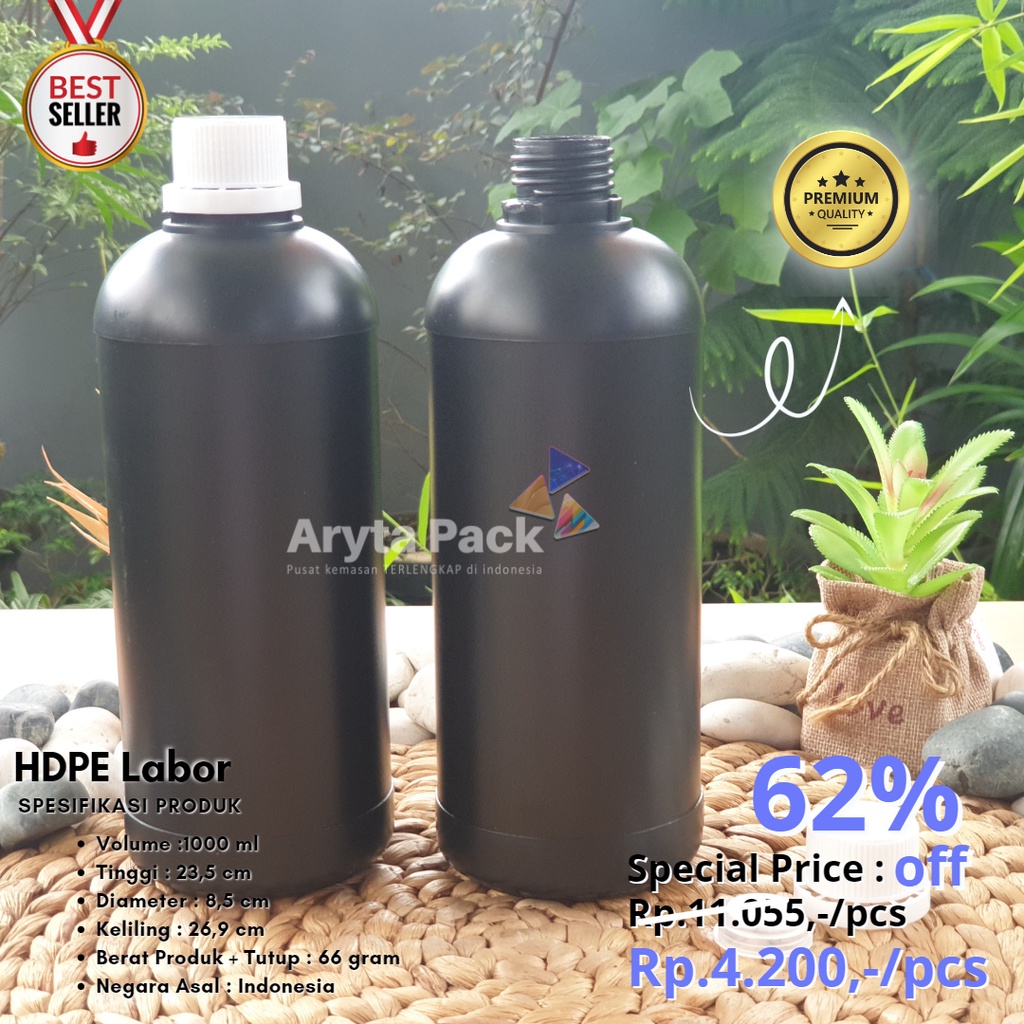 Jual Botol plastik HDPE 1liter 1000ml labor agro hitam minuman madu kimia handsanitizer tutup ...