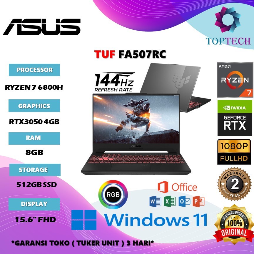 Jual Laptop Gaming Asus Tuf FA507RC R735B6GO RYZEN 7 6800H RTX3050 4GB ...