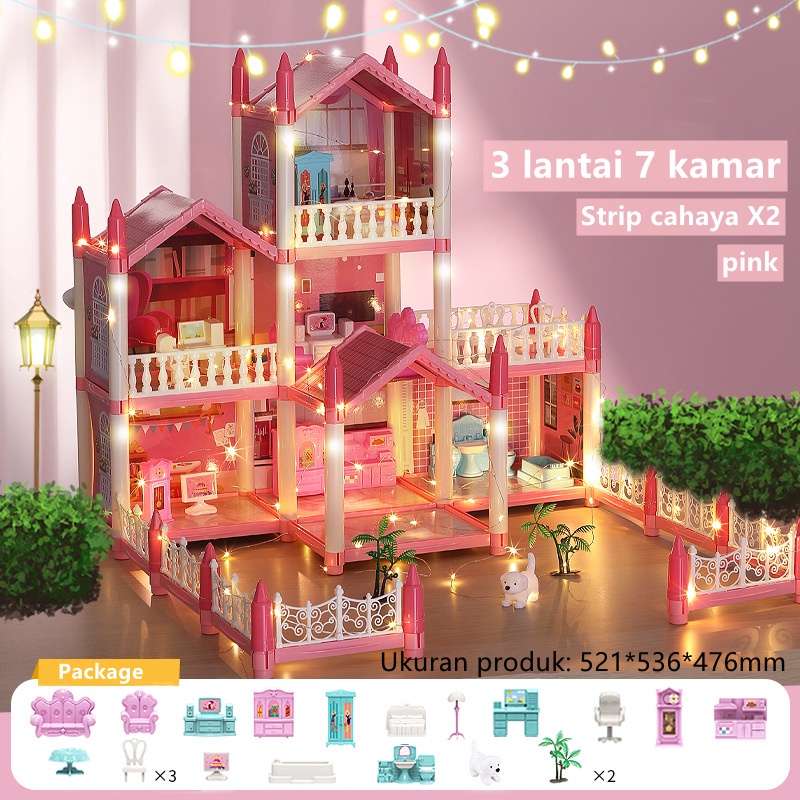 Jual 3D Princess Big Villa DIY Rumah Boneka Pink Castle Bermain Rumah ...