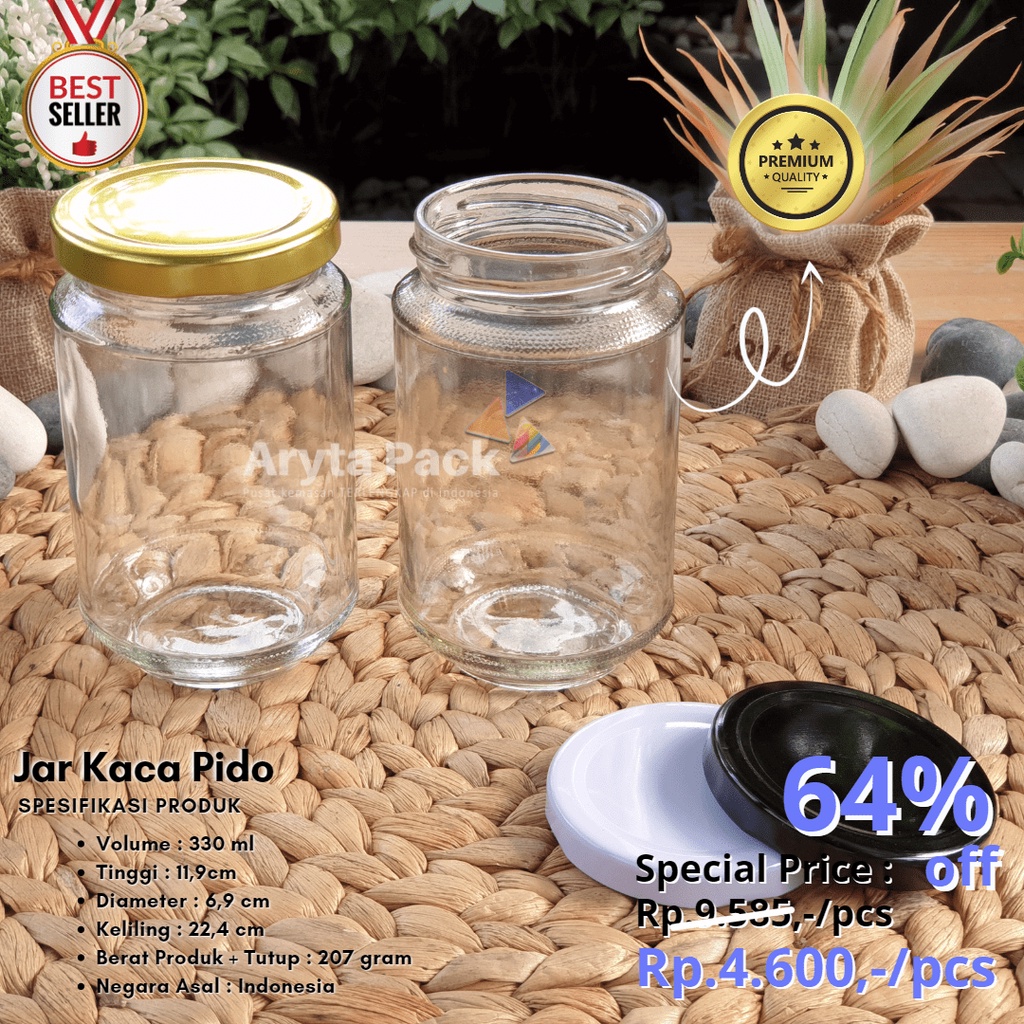 Jual Jar kaca 330ml round bulat PIDO glass jar toples tutup kaleng ...
