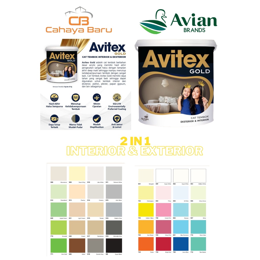 Jual AVITEX GOLD CAT TEMBOK INTERIOR & EXTERIOR 5 KG AVIAN | Shopee ...