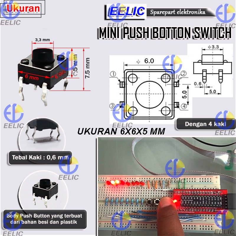 Jual EELIC PBT-6X6X5MM Switch push button 6x6x5 mm tombol saklar mini 4 ...