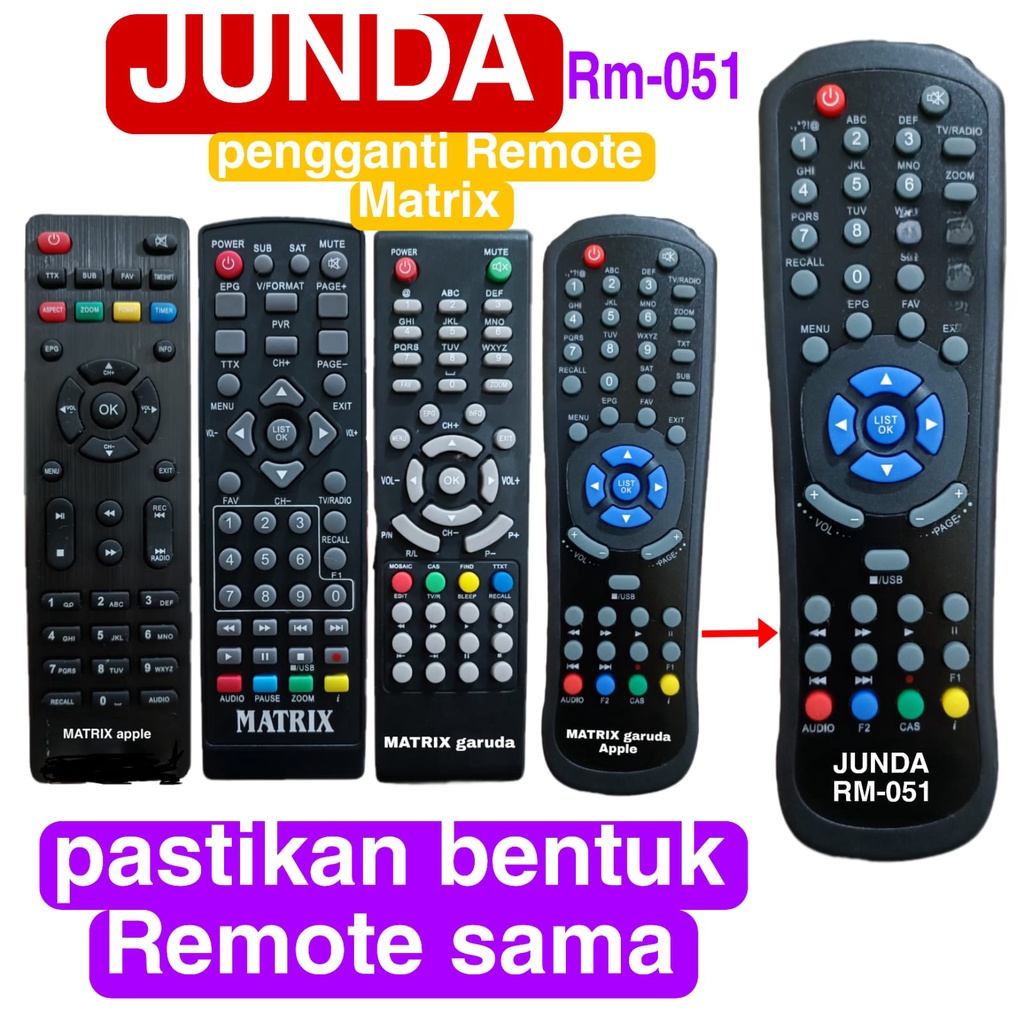 Jual Remote JUNDA RM-051 cocok untuk Reciever dan SET TOP BOX STB DVB-T2 Matrix Garuda, GARUDA ...