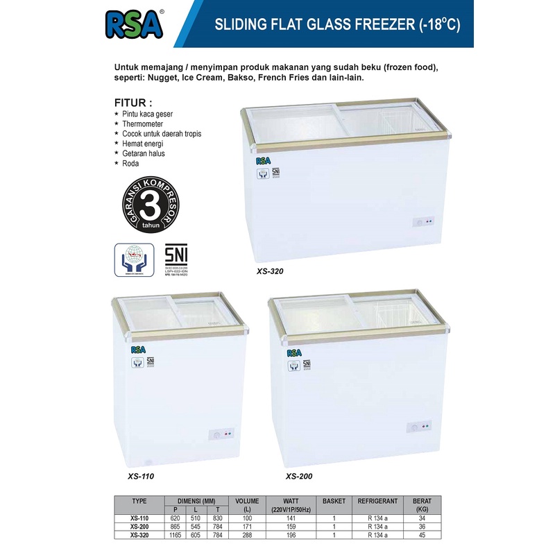 Jual RSA CHEST FREEZER SLIDING GLASS DOOR KACA DATAR XS 110 200 320 ...