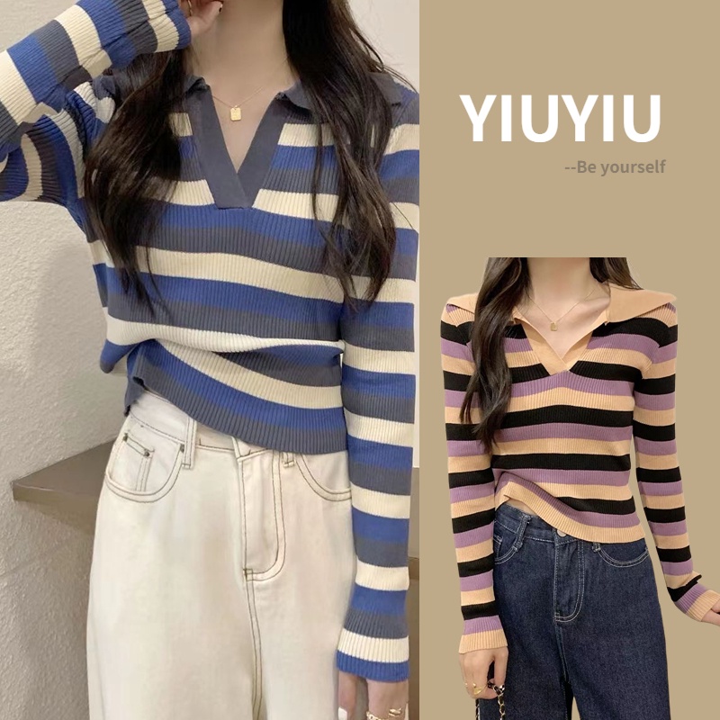 Jual YIU YIU Rajut - Atasan Knit Wanita Lengan Panjang Korean Style V-neck Inner Stripe Top ...