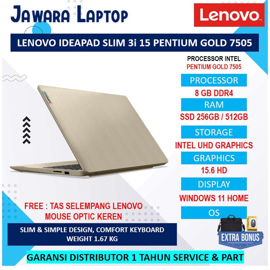 Jual LENOVO IDEAPAD SLIM 3i 15 INTEL PENTIUM GOLD 7505 SSD FHD FP ...