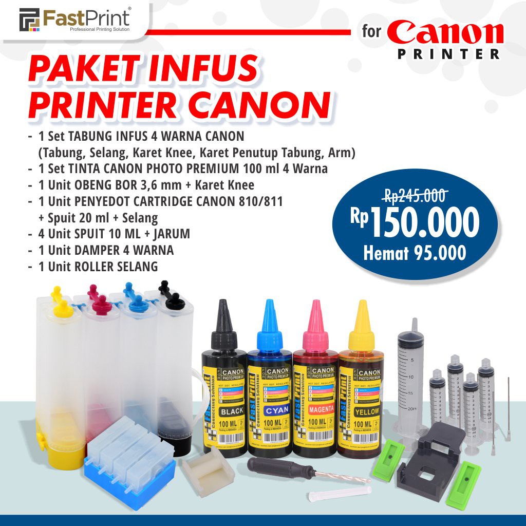 Jual Paket Lengkap Tabung Infus Canon Plus Refill Tinta Premium 100ML ...