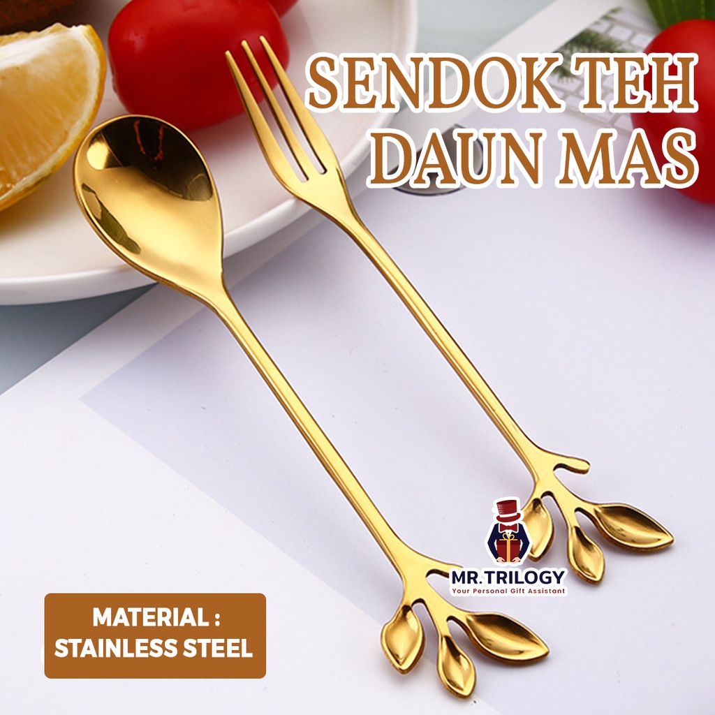 Jual Sendok Garpu Teh Daun Emas Kecil 12 cm Dessert Kopi Kue Tea Spoon ...