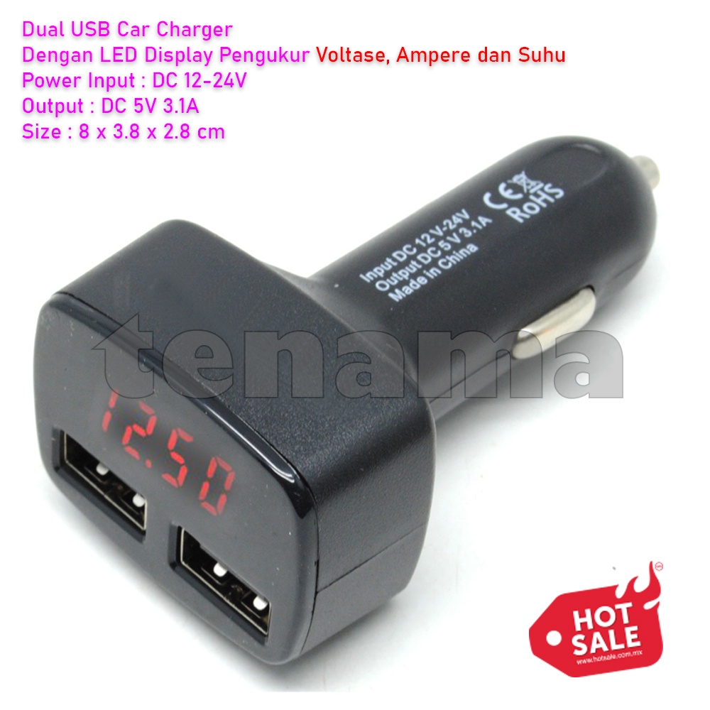 Jual Charger Mobil dengan 2 Port USB dan Display Voltase, Ampere dan Suhu | Shopee Indonesia