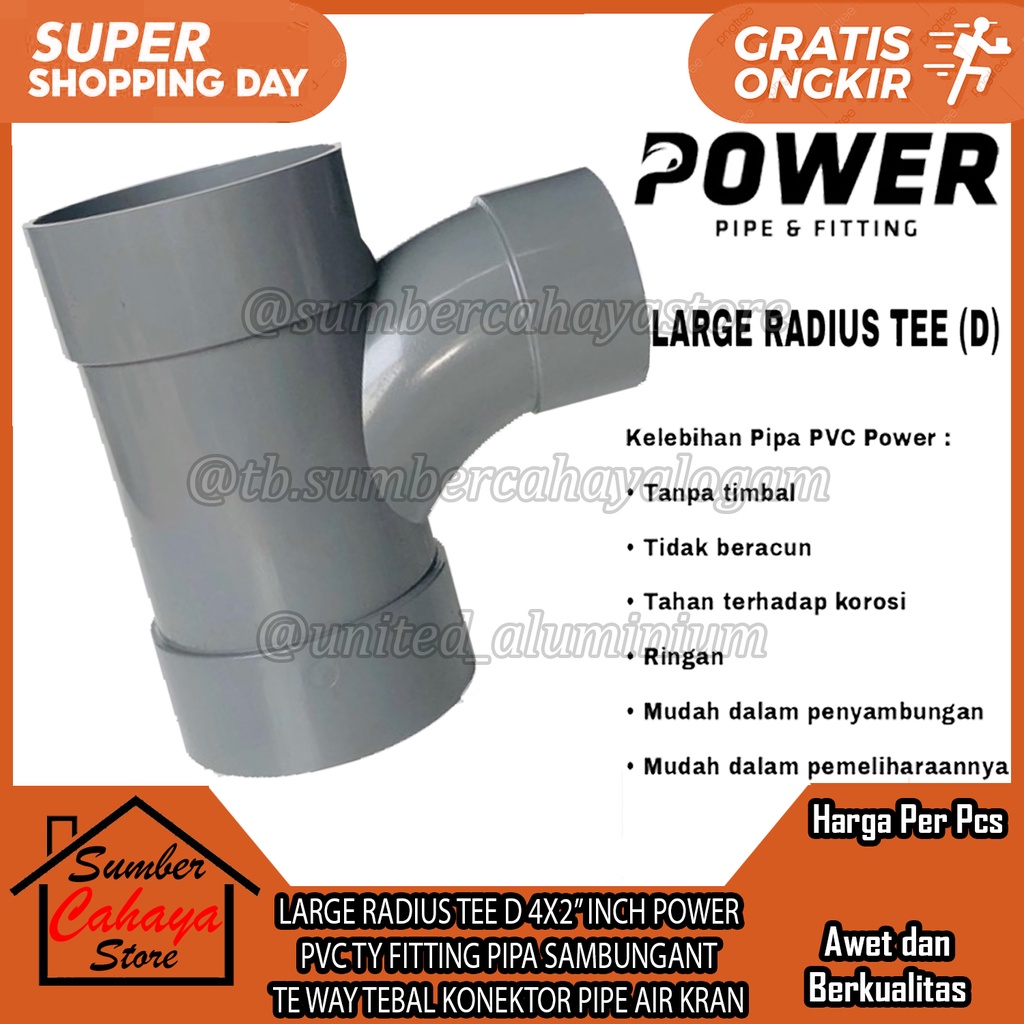 Jual TE Y LARGE RADIUS TEE Y D 4x2"INCH POWER PVC FITTING PIPA SAMBUNGAN T TY WAY TEBAL PRALON ...