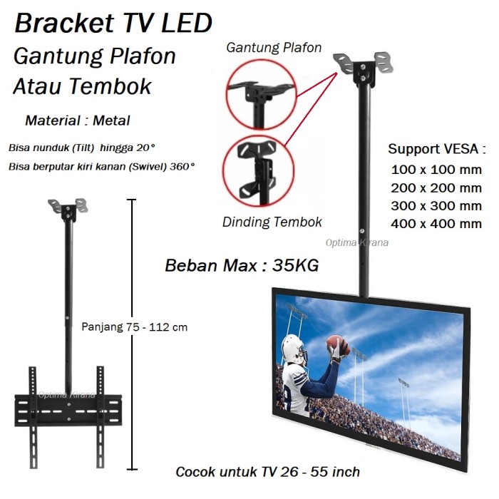 Jual Bracket TV gantung plafon pasang di Tembok Dinding 55 52 43 42 32 ...