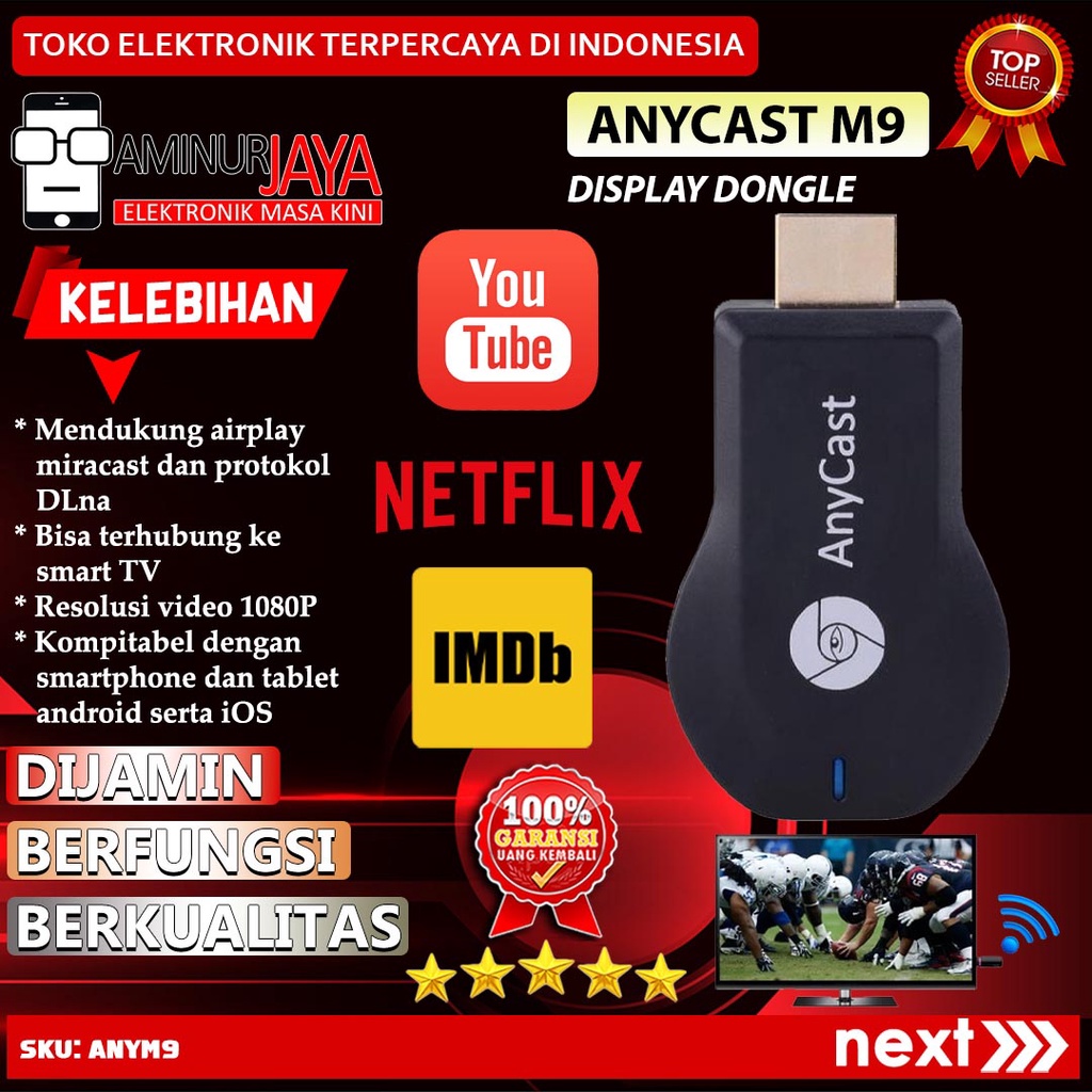 Jual HDMI DONGLE ANYCAST M9 PLUS ORI USB DONGLE WIFI TV HDMI TO HDMI ...
