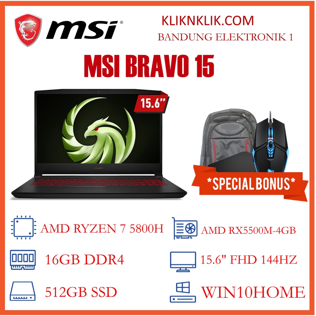 Jual LAPTOP GAMING PROMO MSI BRAVO 15 AMD RYZEN 7 5800H RX5500M 144Hz ...