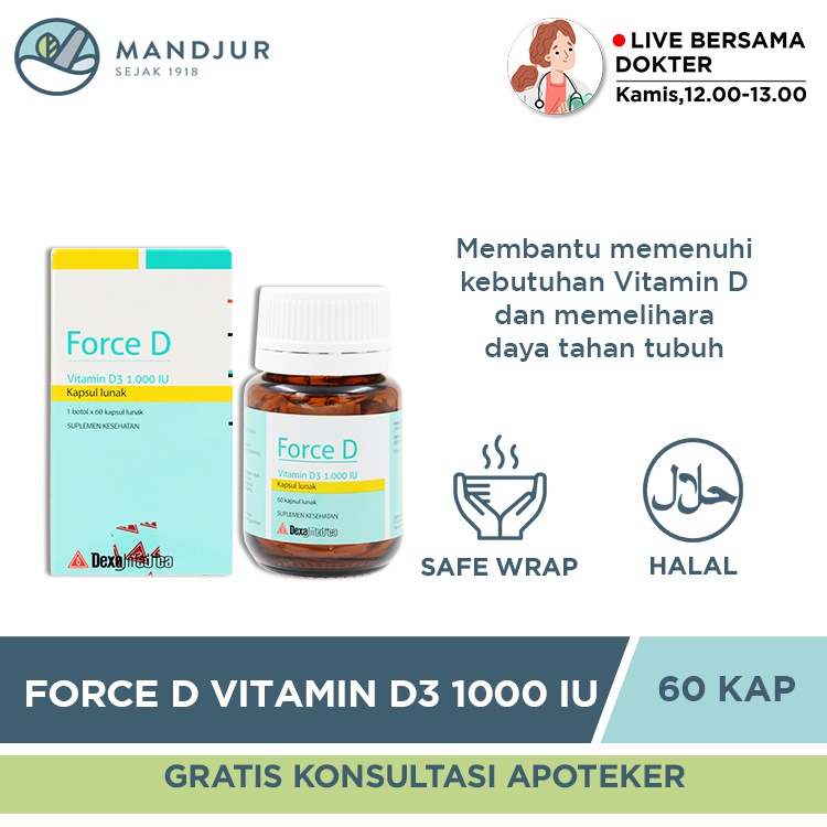 Jual Force D Vitamin D3 1000 IU 60 Kapsul Lunak - Suplemen Vitamin D3 | Shopee Indonesia