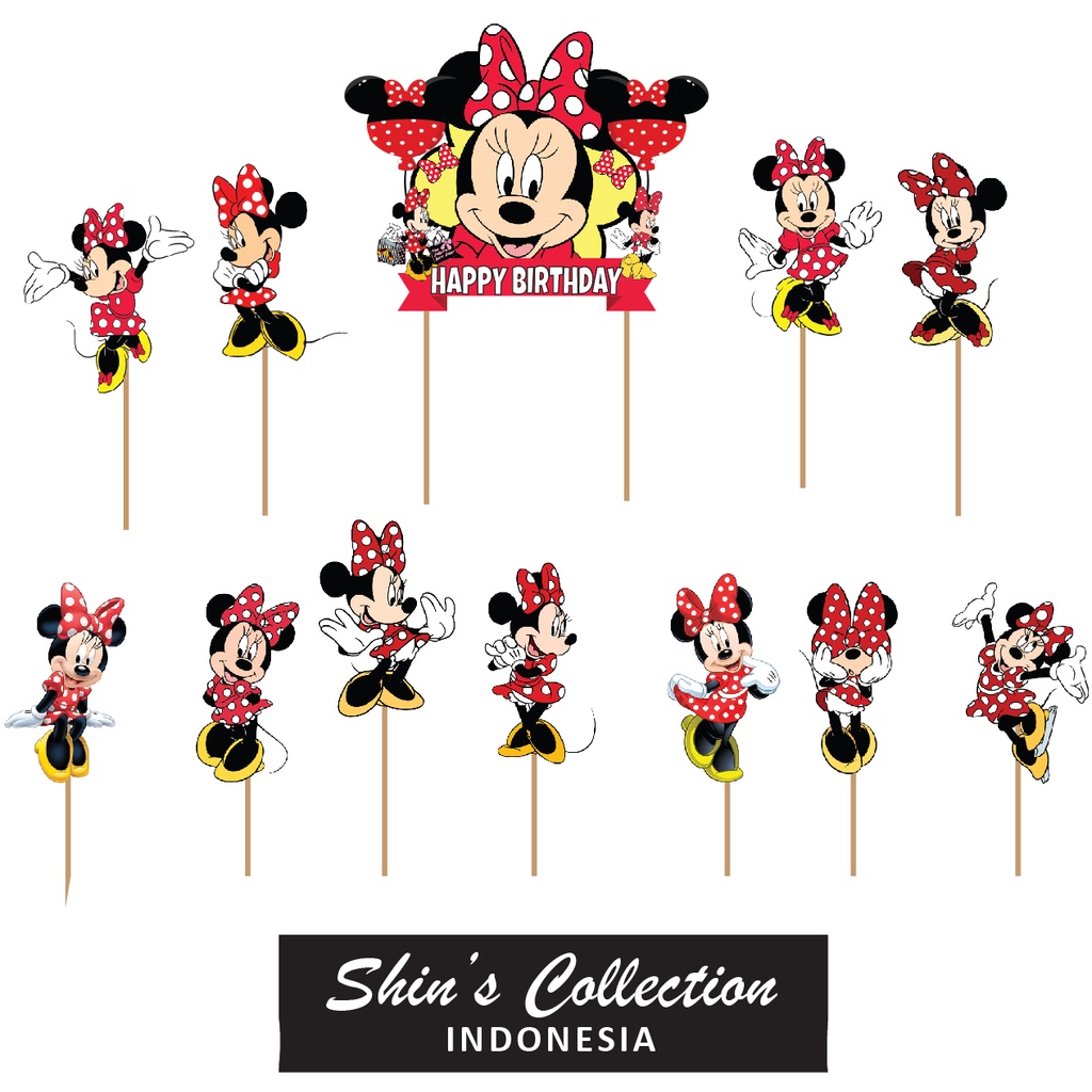 Jual Cake topper minnie mouse merah 1 set isi 12 pcs | Shopee Indonesia