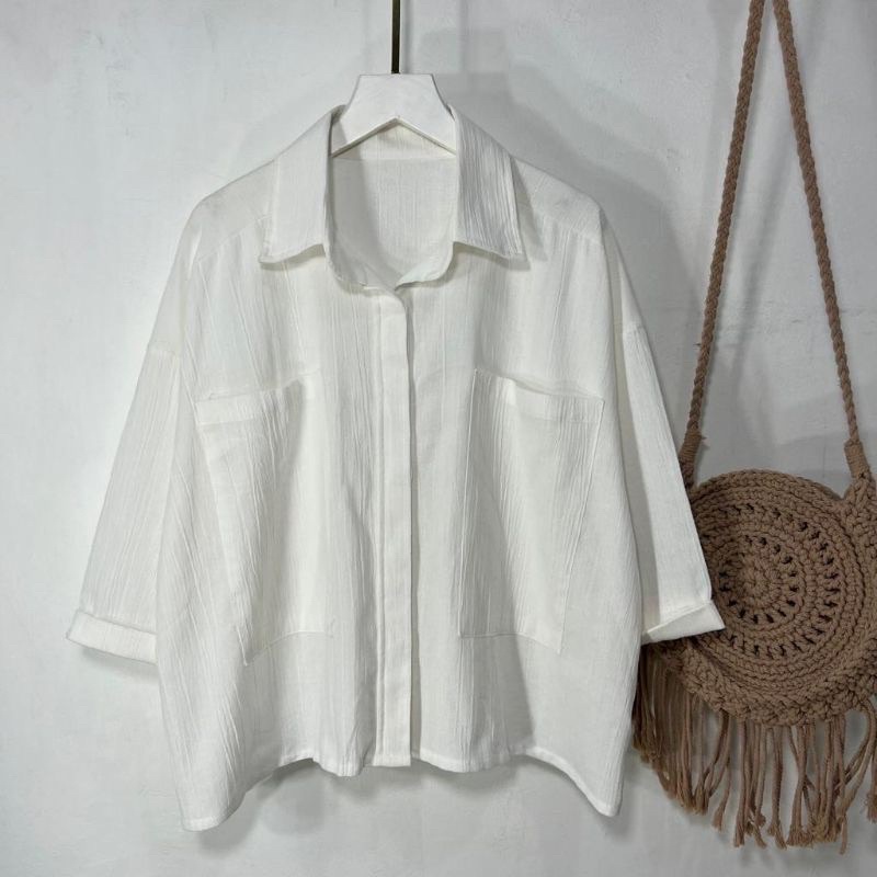 Jual Kemeja Wanita Linen Pocket - Oversized Linen Shirt - Atasan Wanita ...