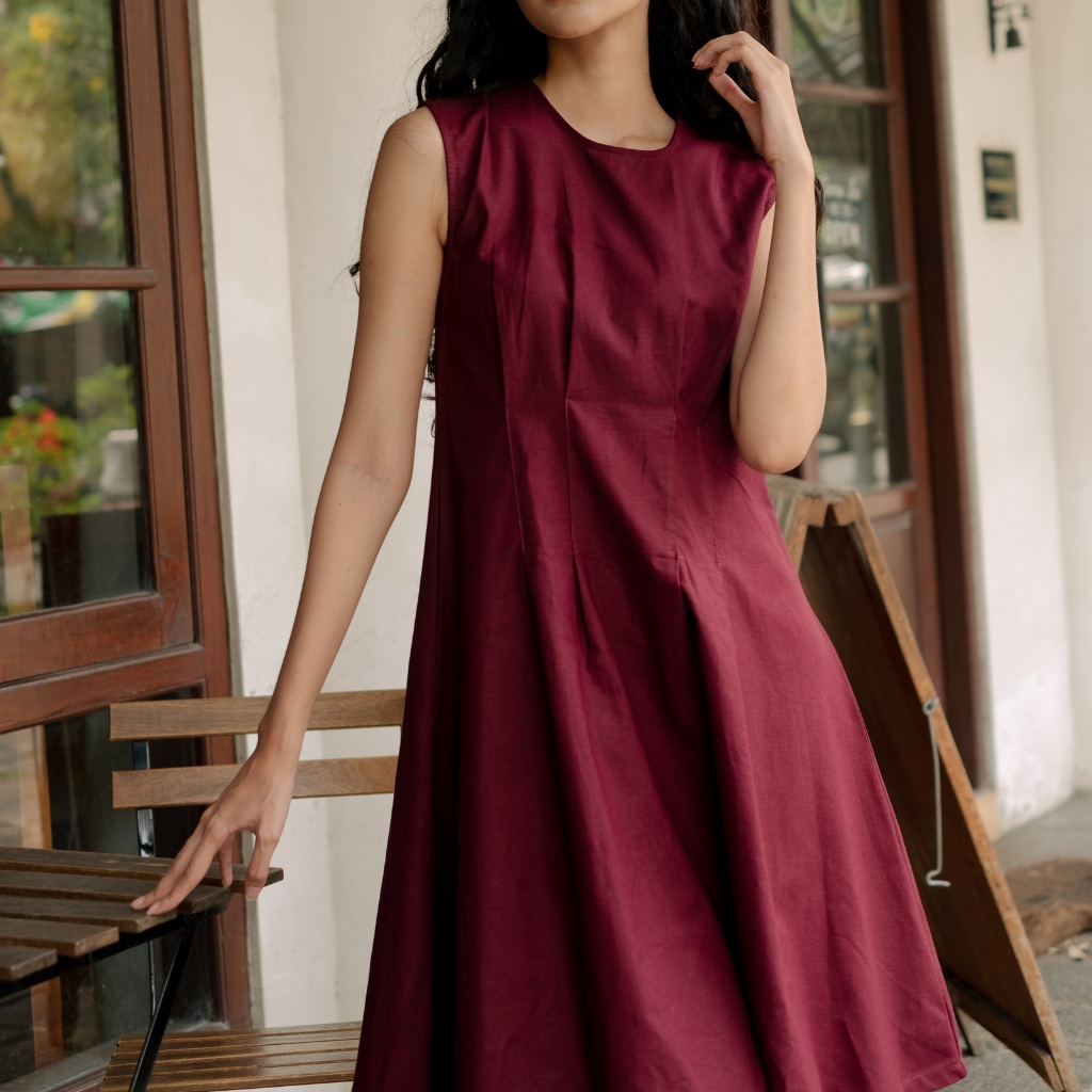 Jual Emily Dress Linen - Maroon | Shopee Indonesia