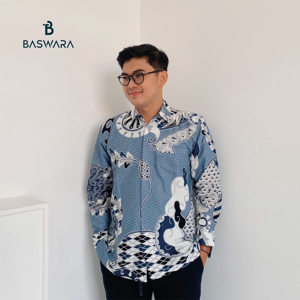 Jual Baswara Batik Aksara Lengan Panjang Biru Abu Putih A34 | Shopee ...