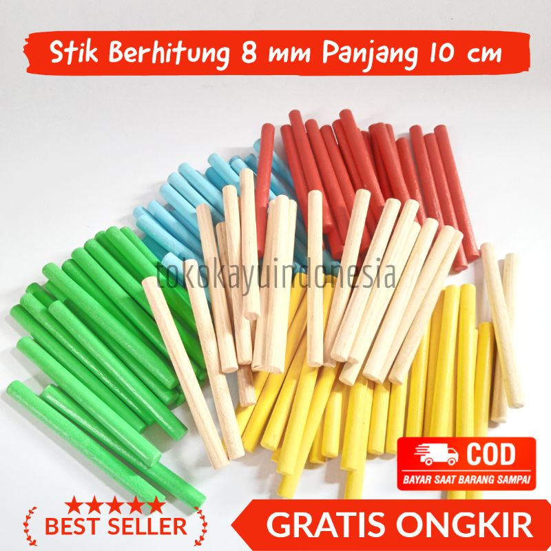 Jual Stik Berhitung Kayu 8 mm Panjang 10 cm Natural Warna Warni Mainan ...