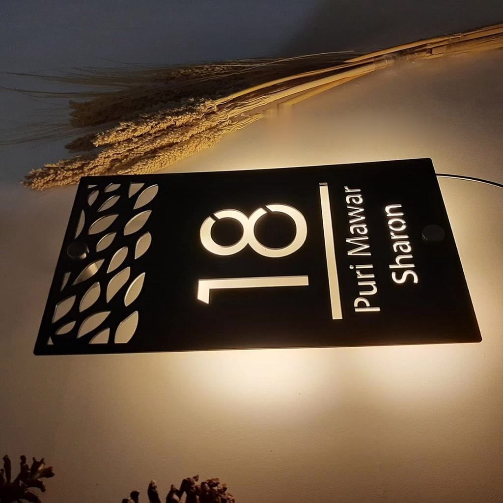 Jual Papan Nomor Rumah Acrylic Lampu LED 1 Layer Black Doff Nomer Rumah ...