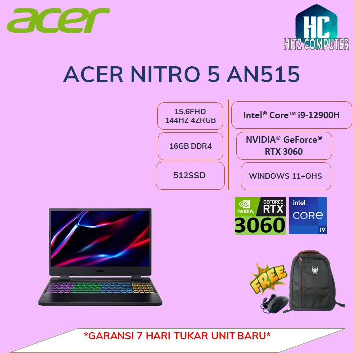Jual ACER NITRO 5 AN515 RTX3060 6GB/ I9 12900H 16GB 512SSD W11+OHS 15 ...