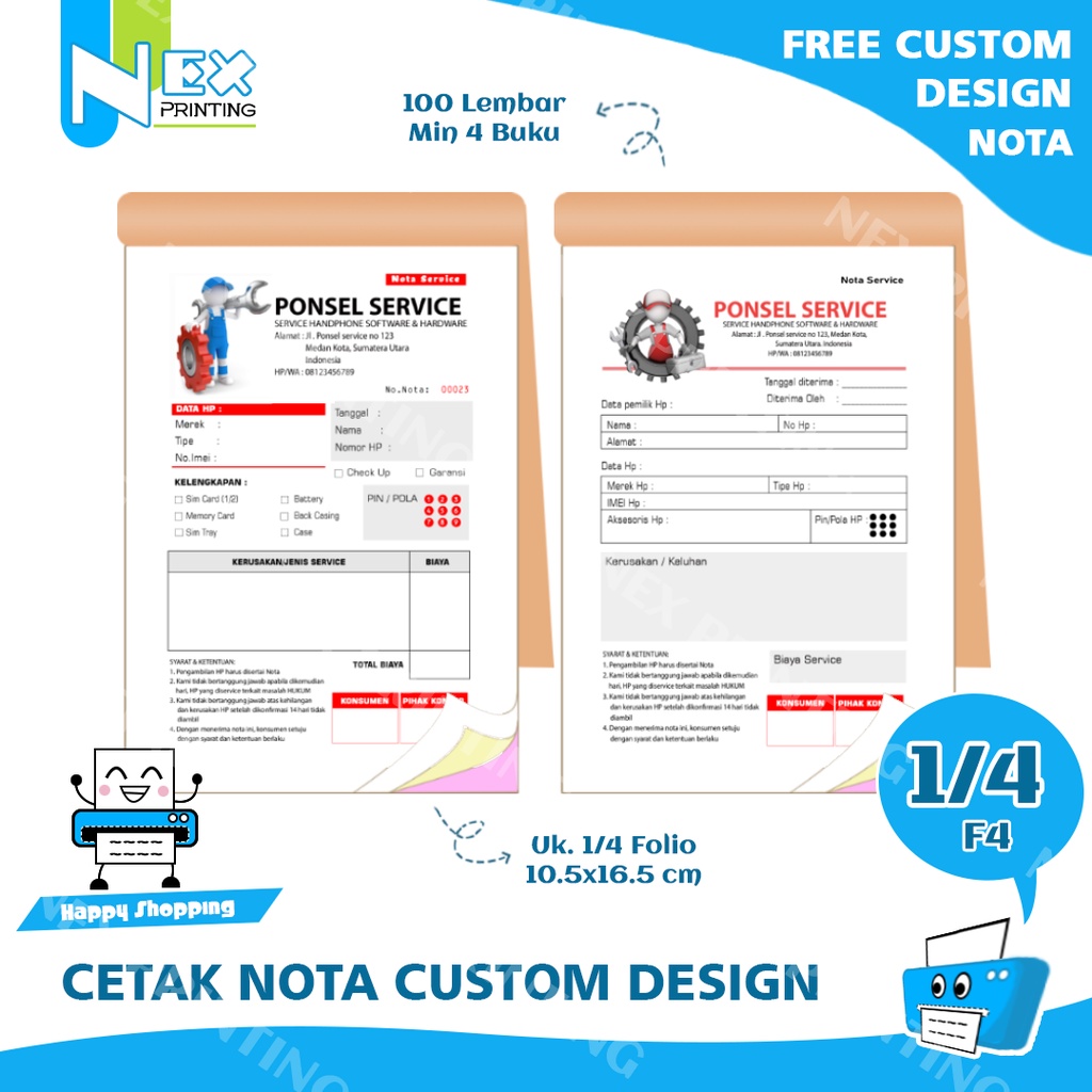 Jual Cetak Nota Ukuran 1/4 Folio Bon Faktur Toko Online Ofline Emas ...