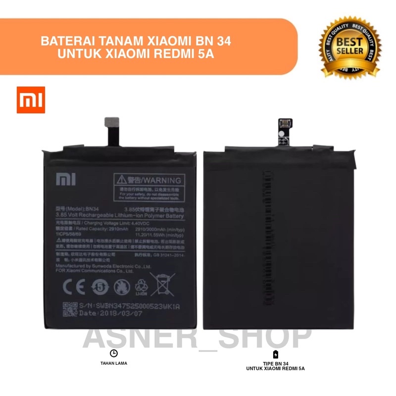 Jual Baterai Xiaomi BN34 Bat Redmi 5A / Bateray Tanam Redmi5A Model ...