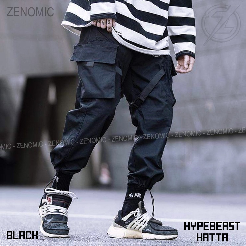Jual Celana Zenomic Distro Hypebeast Hatta Black Slim Fit Cargo Pants Techwear Pria Korean Style ...
