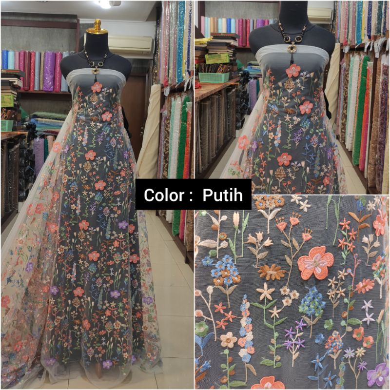 Jual Kain Tile Bordir Brokat Bunga 3D Timbul Multicolor Putih | Shopee ...