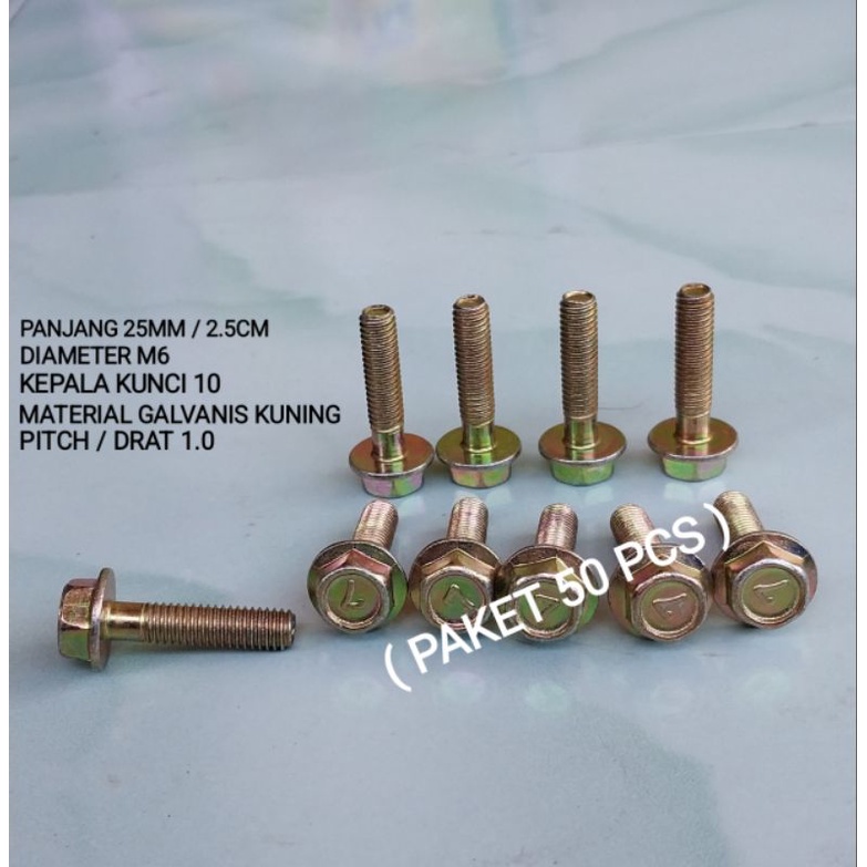 Jual BAUT TOPI FLANGE BOLT M6X25MM / 2.5CM KUNCI 10 ( 50 PCS ) | Shopee Indonesia