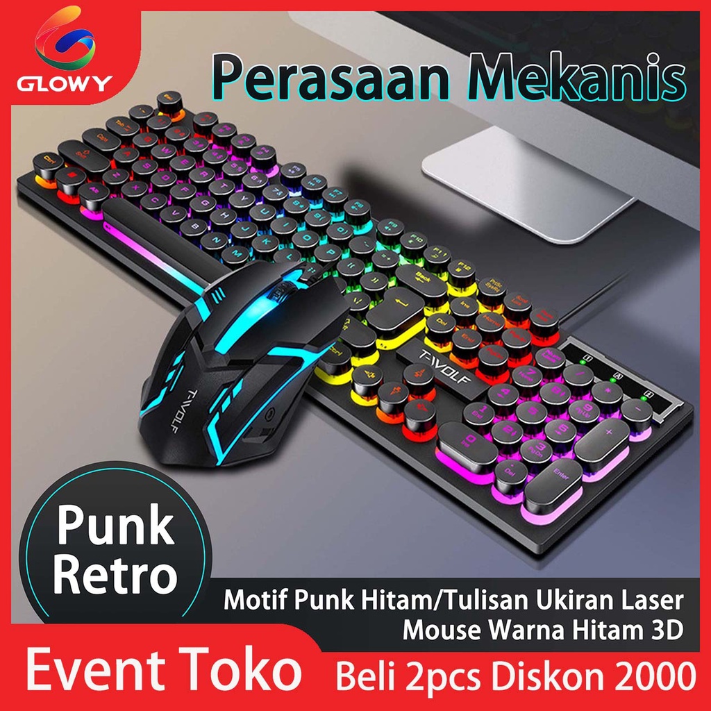 Jual （COD）Glowy keyboard gaming Bulat Punk Mechanical Komputer Set ...