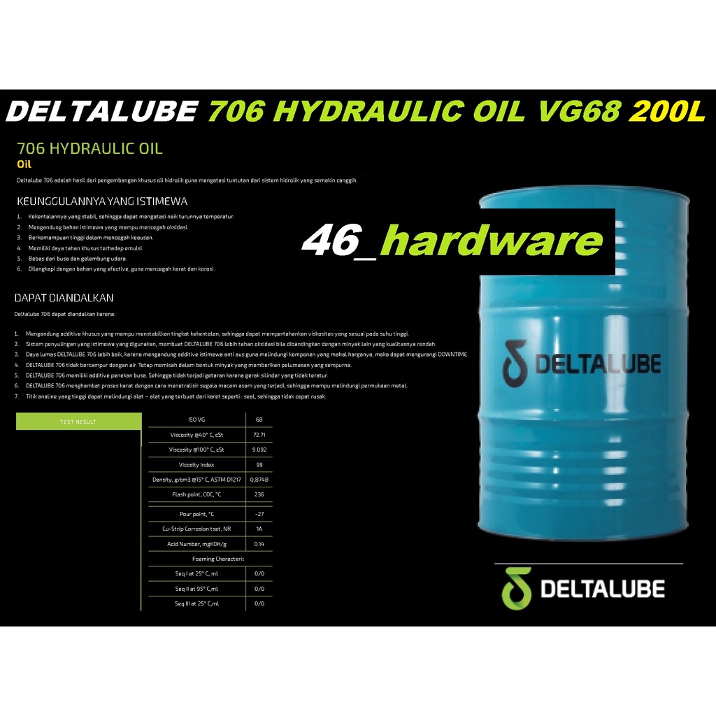 Jual DELTALUBE 706 HYDRAULIC OIL ISO VG 68 DRUM 200L OLI HIDROLIK INDUSTRI - 46_hardware ...