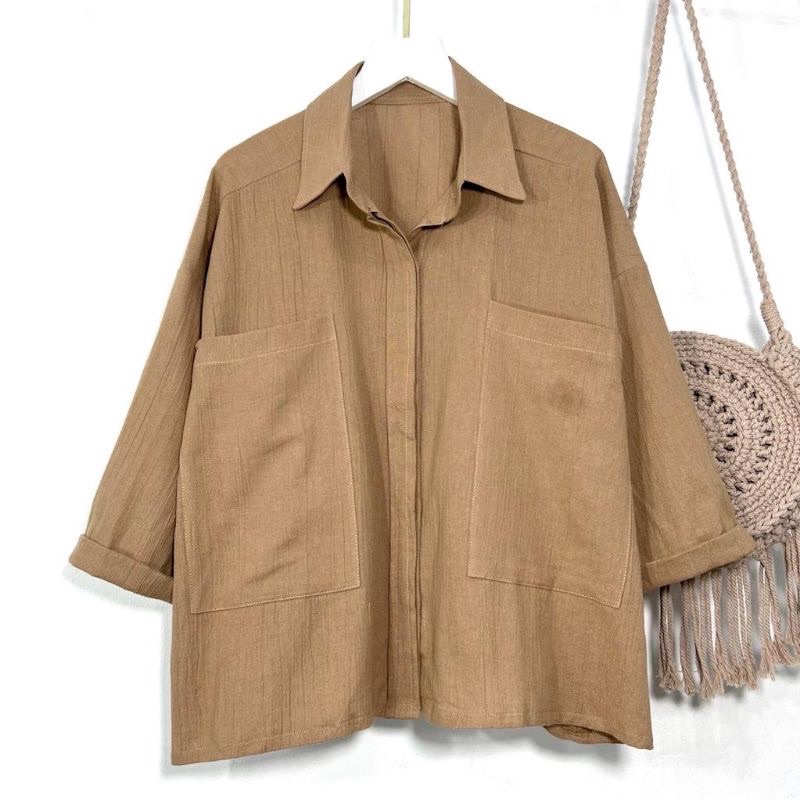 Jual Kemeja Wanita Linen Pocket - Oversized Linen Shirt - Atasan Wanita ...