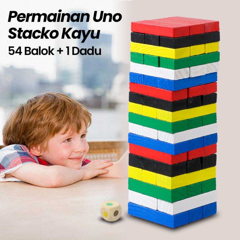 Jual Permainan Uno Stako Kayu 54 Balok dengan 4 Dadu | Shopee Indonesia