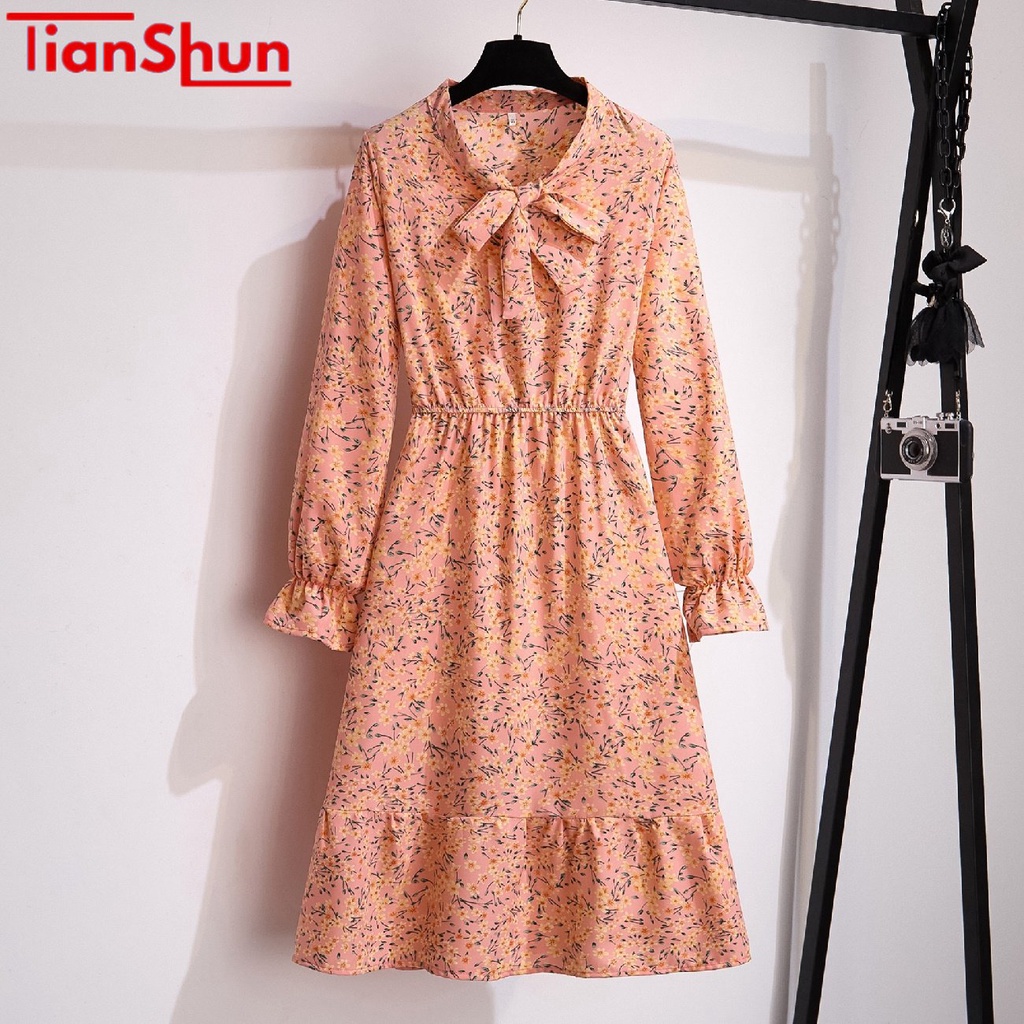 Jual Tianshun Midi Dress A-line Dress Lengan Panjang Muslimah Motif ...