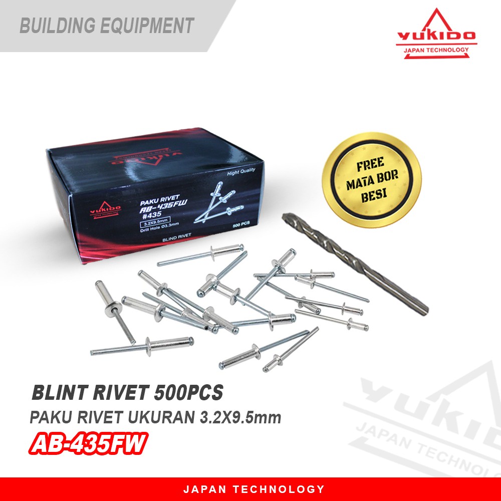 Jual Paku Rivet YUKIDO 435 Size 3,2x9,5mm 1 kotak isi 500pcs FREE 1 pcs ...