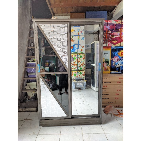Jual Almari Pakaian Sliding bahan Kaca Full Cermin Pintu 2 Rangka Besar ...