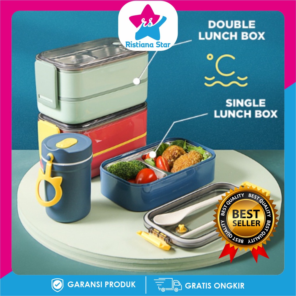 Jual Kotak Makan Double layer Tempat Bekal Makan 2 susun Set Sendok Lunch Box Set BPA Free Bento ...