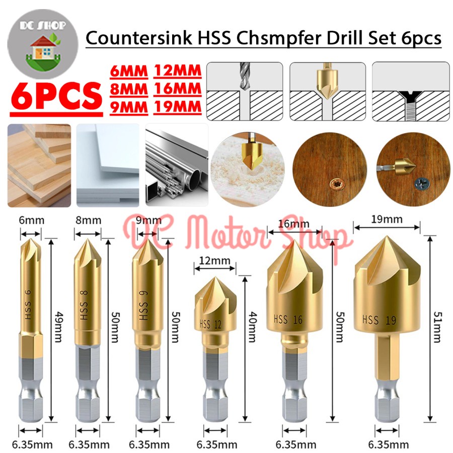 Jual Mata Bor Drill Bit Countersink Set HSS 6PCS 6mm 8mm 9mm 12mm 16mm ...