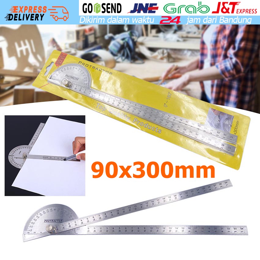 Jual 90*300MM Penggaris Busur 180° Stainless Steel Protractor Angle Ruler Pengukur Sudut ...