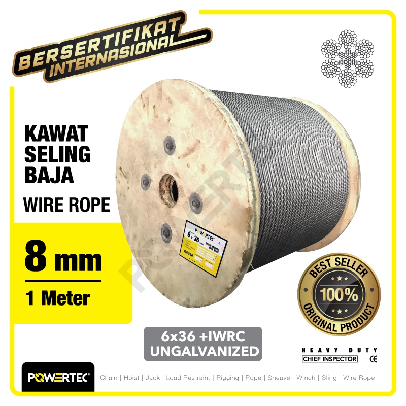 Jual POWERTEC Wire Rope / Kawat Seling Baja 6x36 IWRC 8mm Ungalv - 1 ...