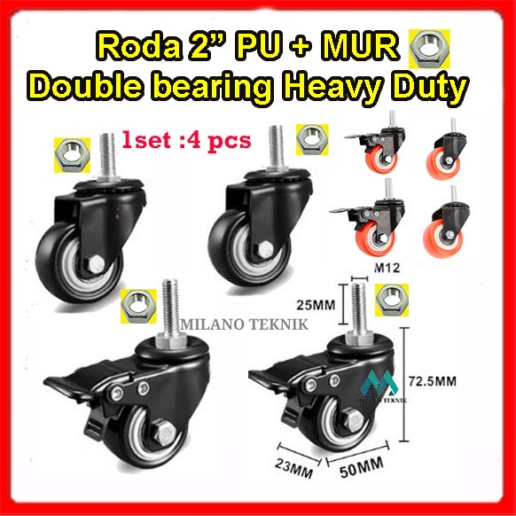 Jual Roda 2 inch PU+MUR Double Bearing HEAVY DUTY (1set: 4pcs) Screw ...